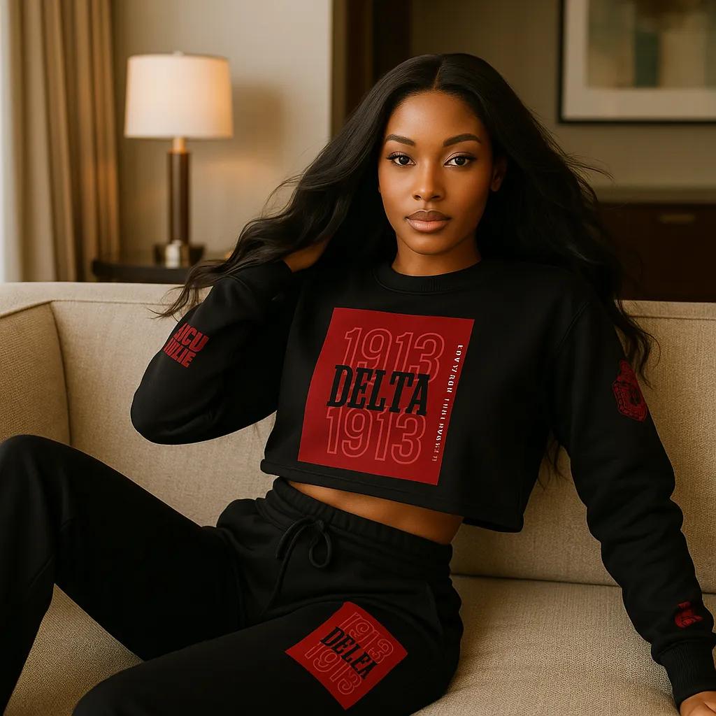 Pre Order (Ship Dec 1) DELTA | Sigma Theta BLK & BLK CHENILLE CROP SET – collegiateluxe