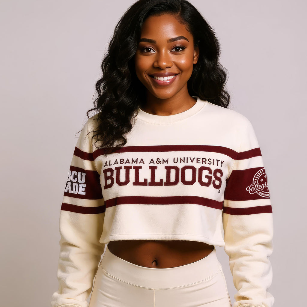 Alabama A&M | Chenille Cream Stripe Raw Edge Crop (a**t – collegiateluxe