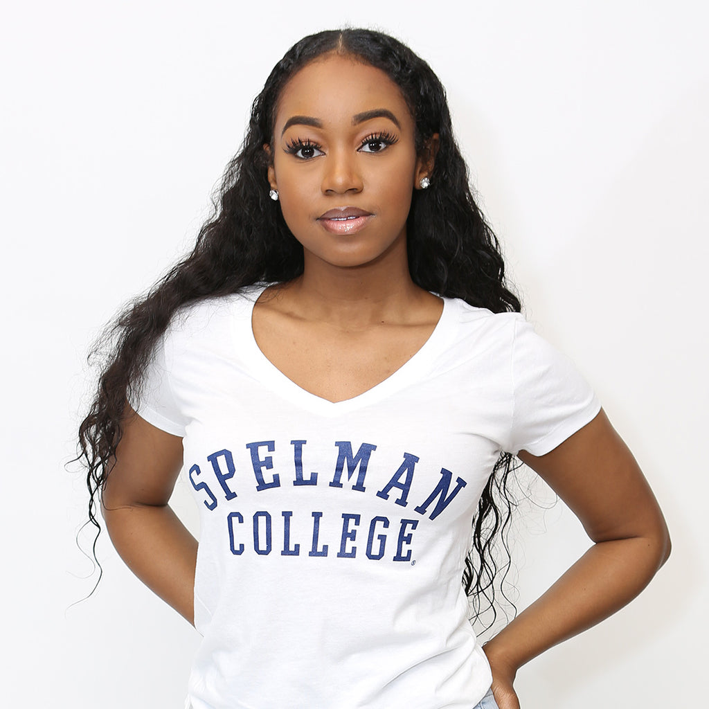 SPELMAN | UNIV ARCH Ladies White V-Neck Tees (**) – collegiateluxe