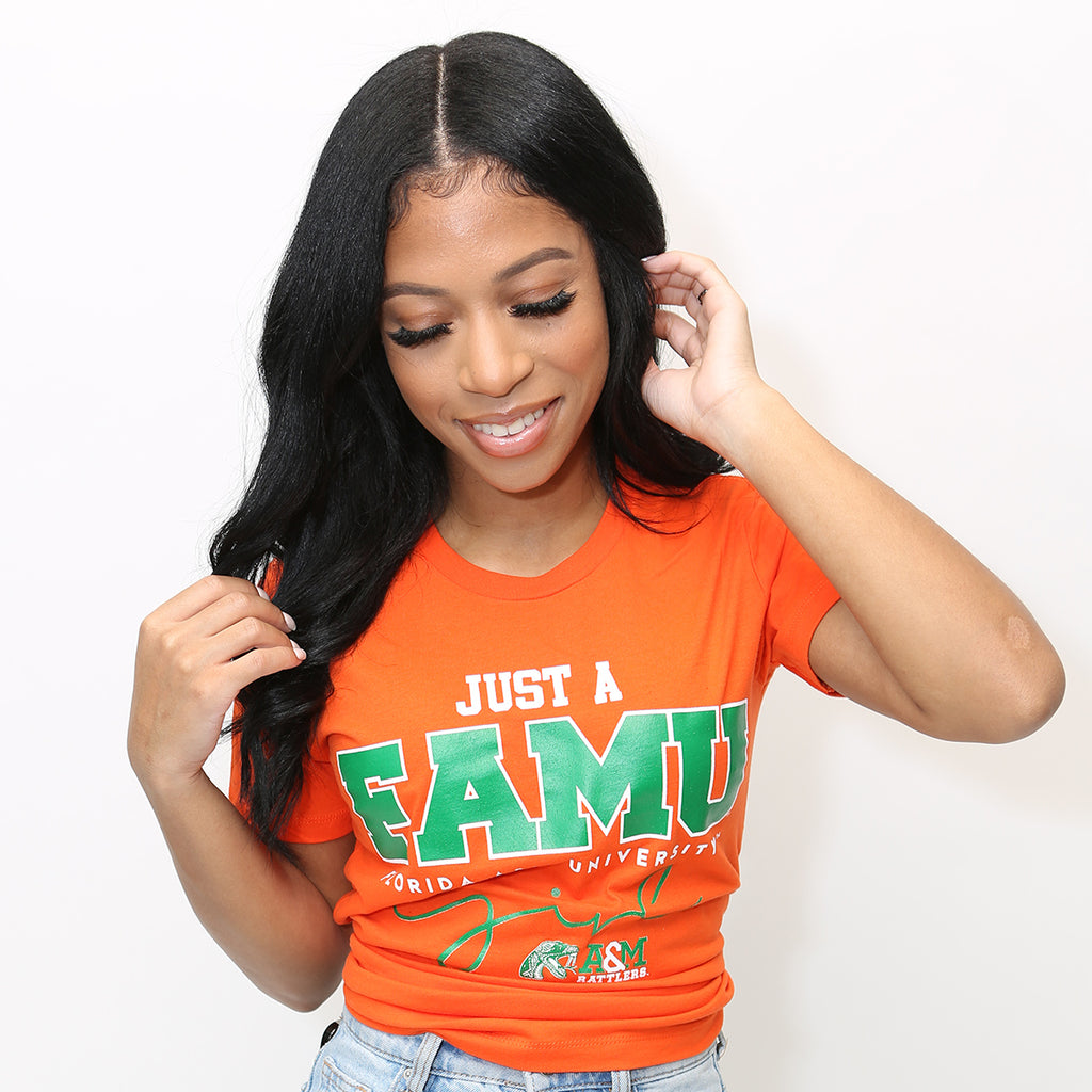 FAMU | JUST A GIRL Orange Ladies Tees (**) – collegiateluxe
